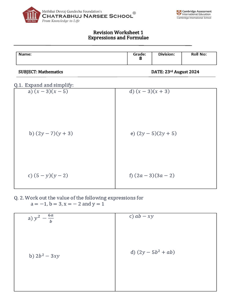 Gr.8_Math_revision_worksheet_1_CA1_CNS_Pune | PDF | Mathematics