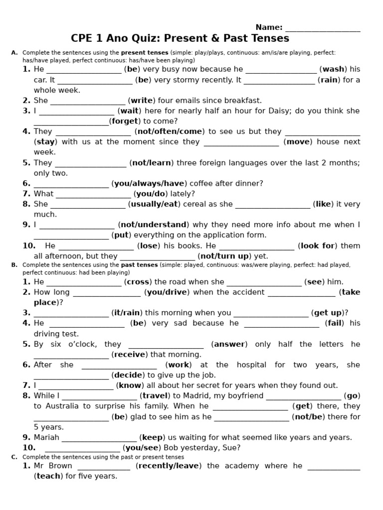CPE Quiz: Present & Past Tenses | PDF
