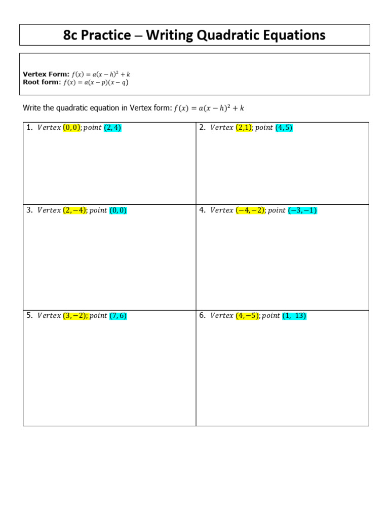 8c Practice - Converting Quadratic Equations | PDF