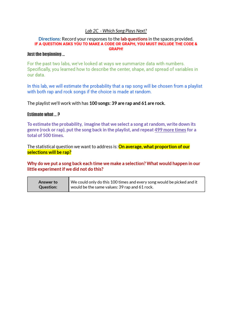 Lab 2C Which Song Plays Next | PDF | Probability | Statistics