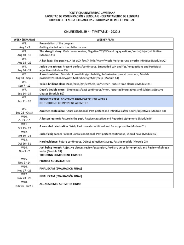Online English 4 Timetable 2020.2 | PDF | Verb | Clause