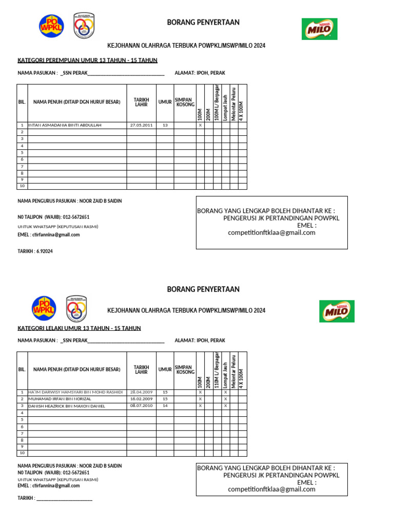 BORANG PENYERTAAN KATEGORI 13-15 TAHUN SSN Perak | PDF