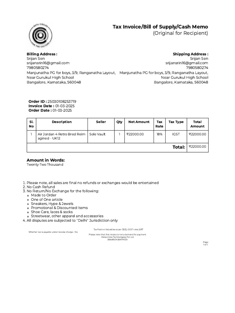 Invoice Nike Air Jordan Retro 4 Bred Reimagined | PDF | Invoice | Taxes