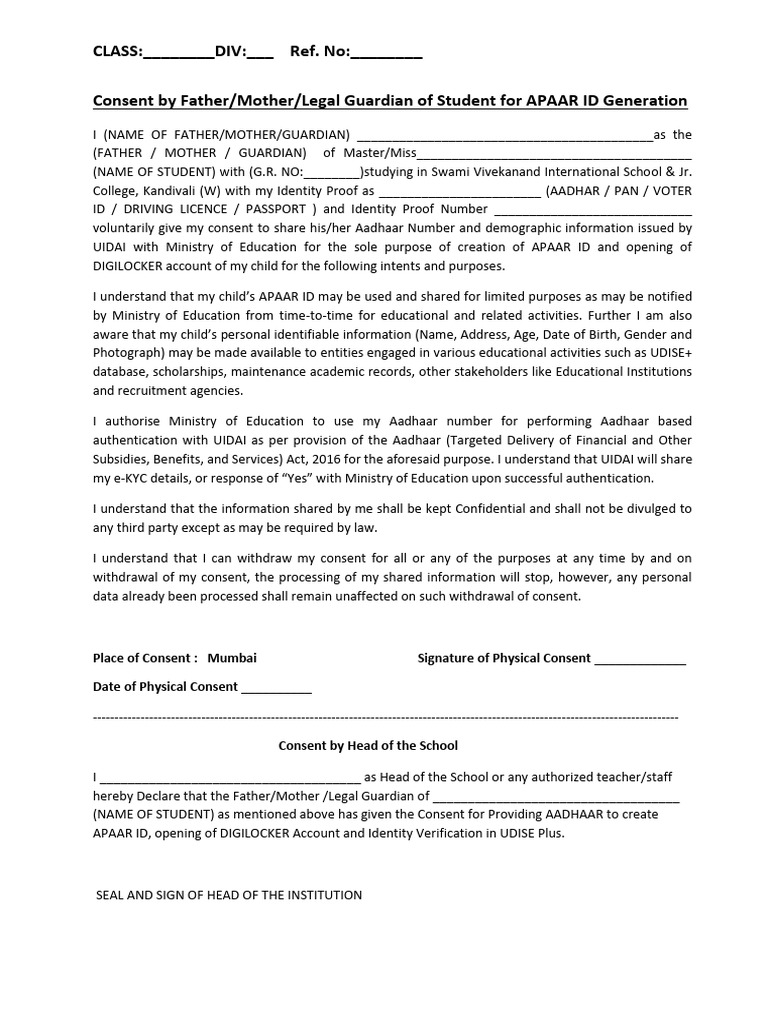 Consent Letter For Aapar Id | PDF | Authentication | Government And ...