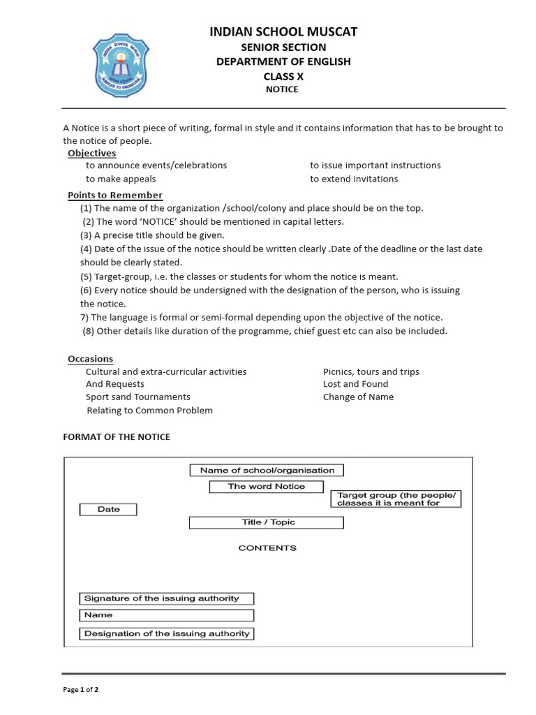 Grade 7 Notice Writing Guidelines | PDF