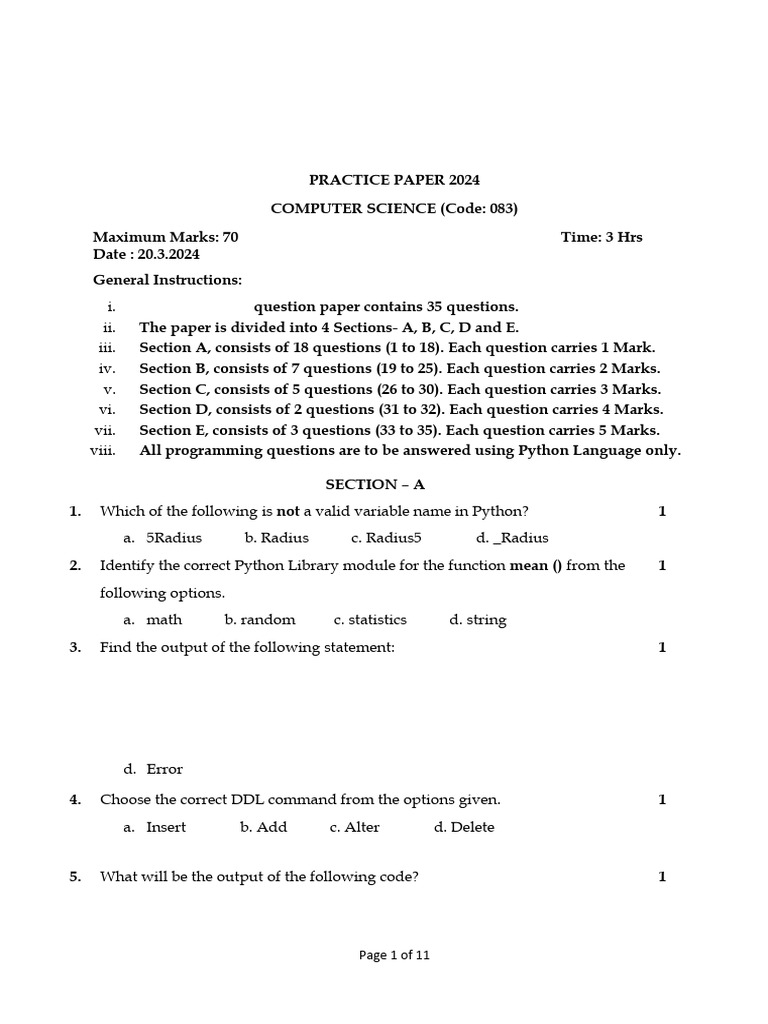 2024 Computer Science Practice Paper | PDF | Computer Network | File ...
