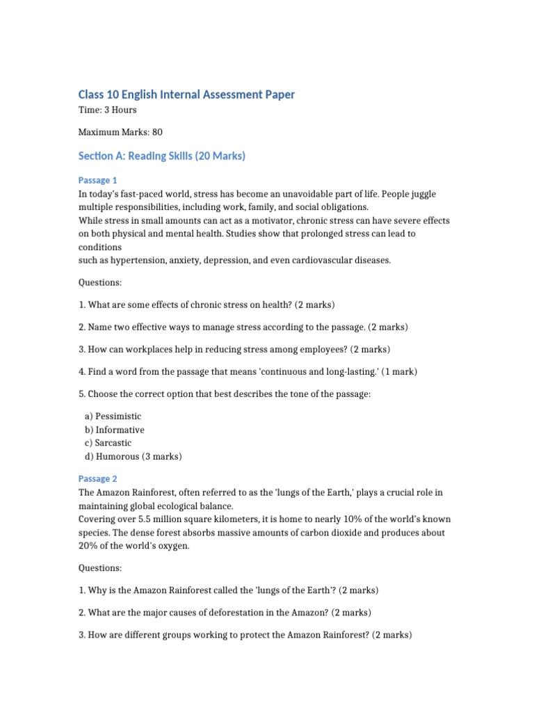 Class 10 English Assessment Paper | PDF | Amazon Rainforest | Stress ...