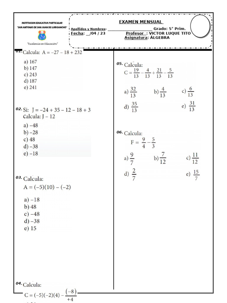 5°Prim__EXAM_ALG_ MENSUAL U1--------------------- ( OK ) | PDF