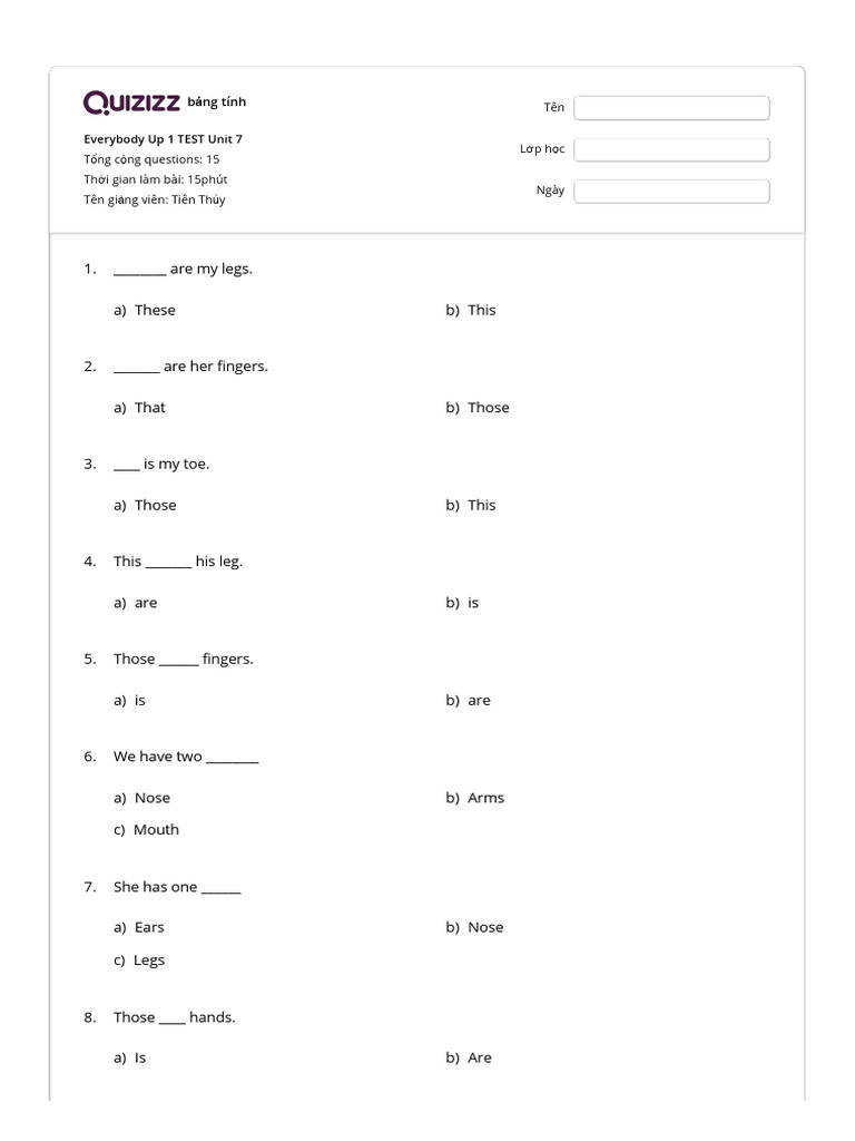 Everybody Up 1 Unit 7 Test Questions | PDF