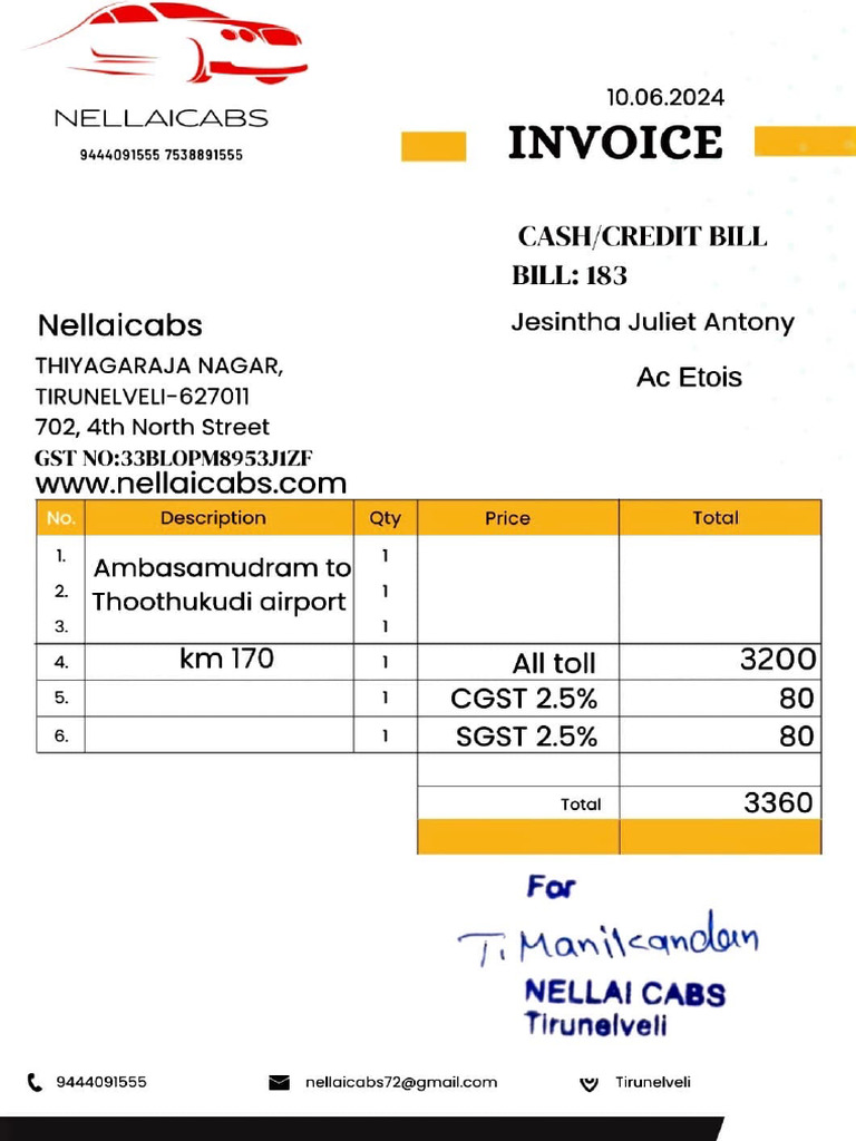 Ambasamudram To Tuty Airport Cab - Invoice | PDF