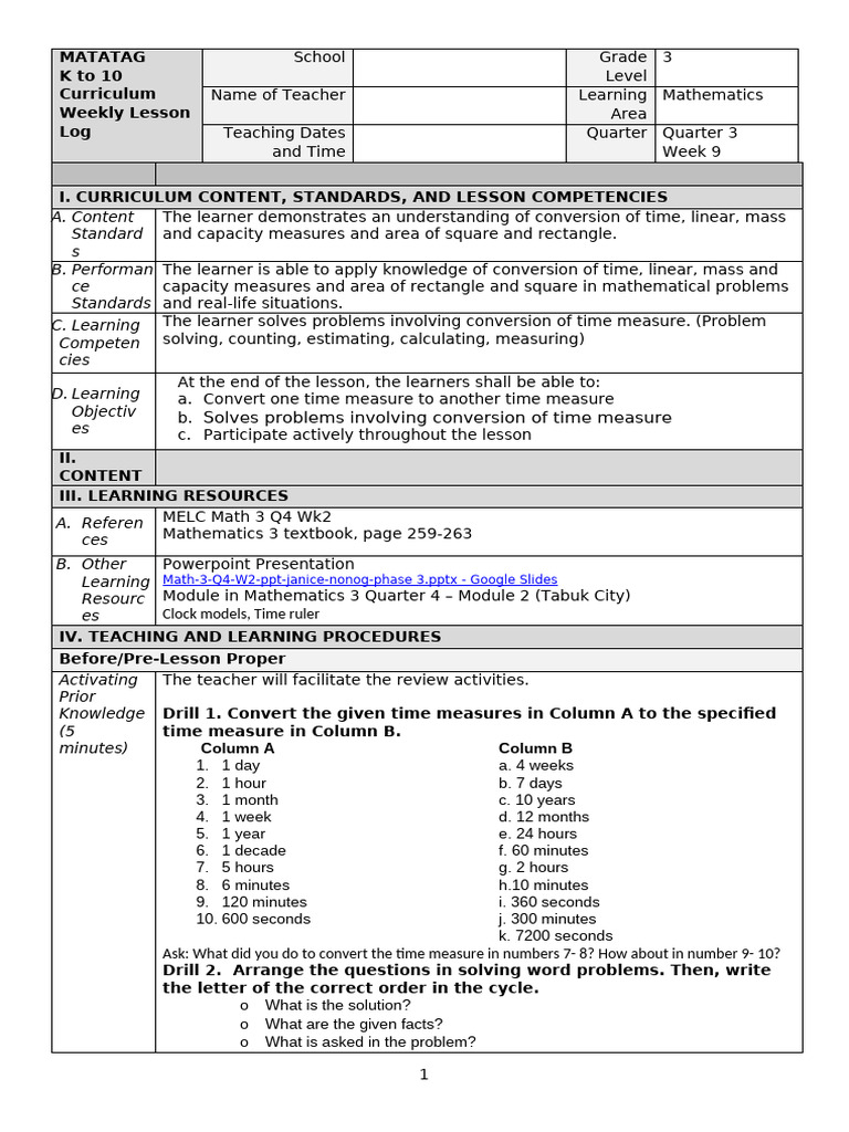 LP G3 Numeracy G3 Q4w2 Tabuk City | PDF | Learning | Teachers