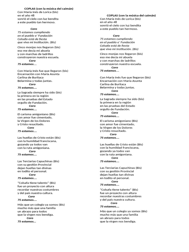 Coplas, Colsafa 75 Años | PDF | Creencia y doctrina cristiana | Teología sistemática