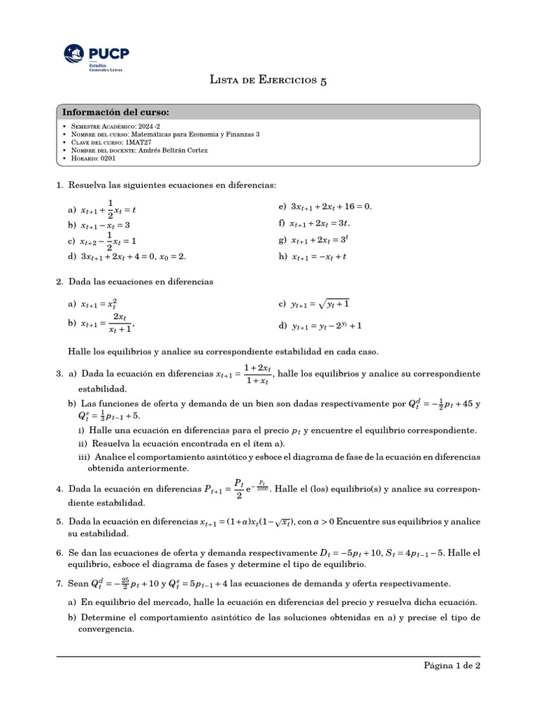 Lista 5 | PDF | Relación de recurrencia | Ecuaciones