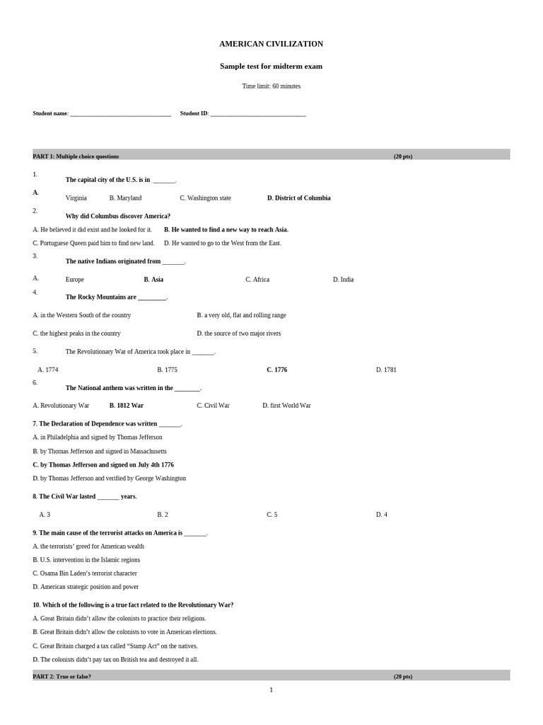 Midterm Exam: American Civilization Test | PDF | The United States ...