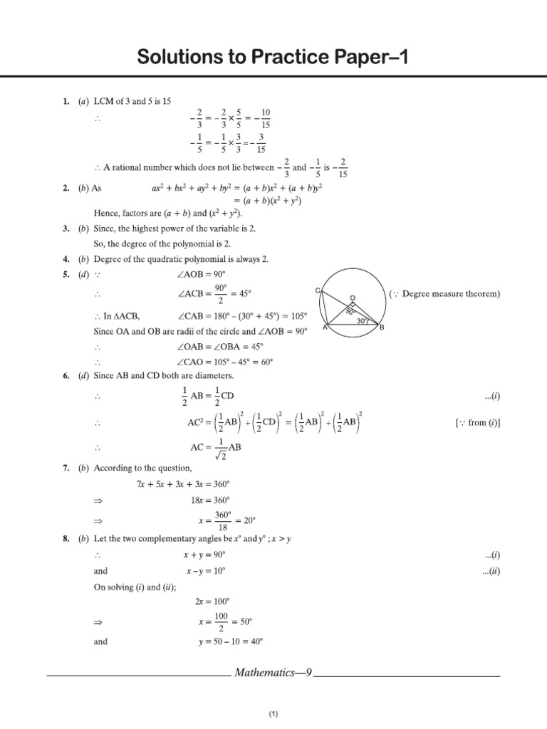 Cbse Cl9 Together Mathematics Solutions To Practice Paper 1 | PDF