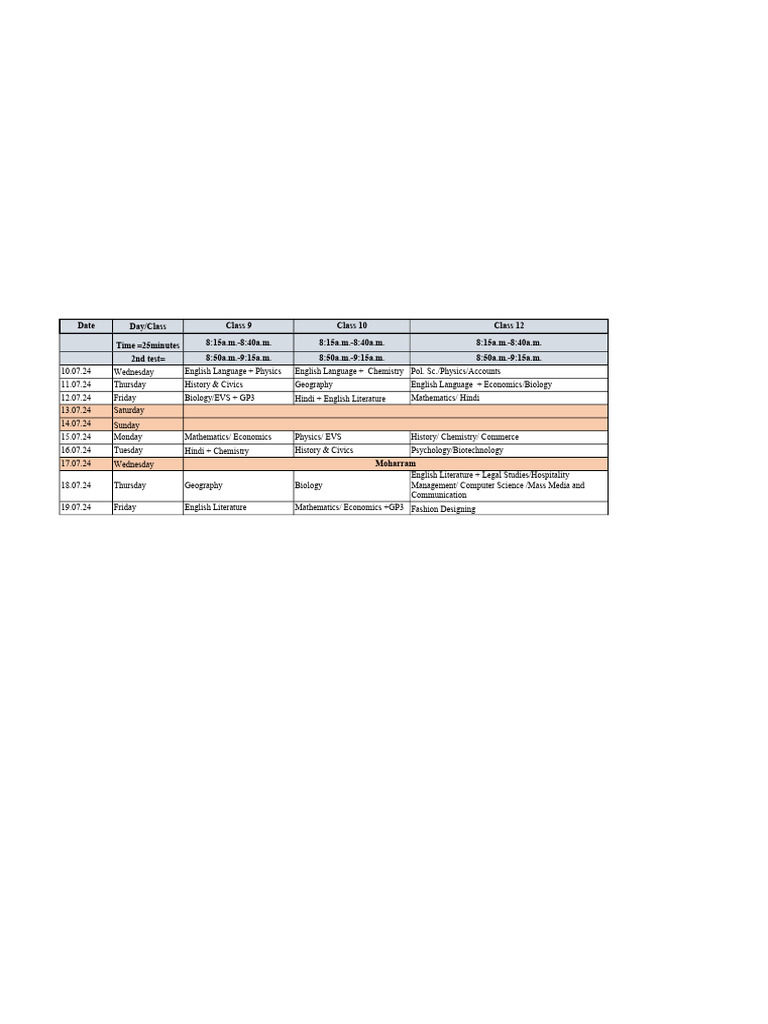 Class 9-12 Test Schedule July 2024 | PDF