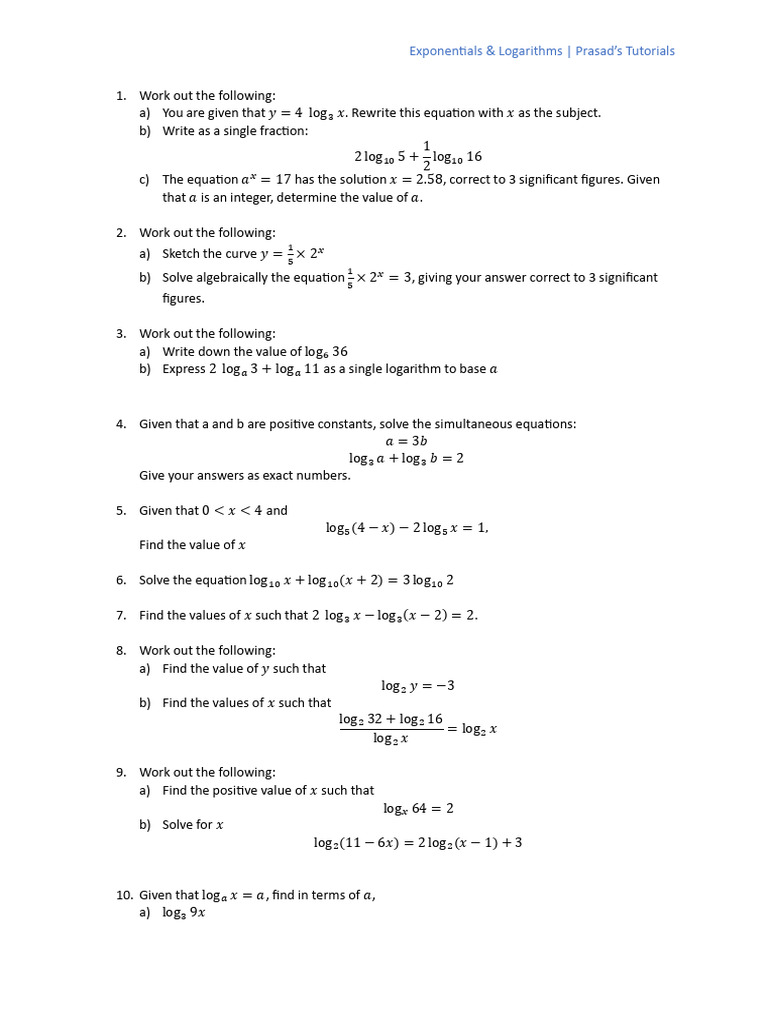 A Level Logarithm Practice Questions | PDF | Logarithm | Equations