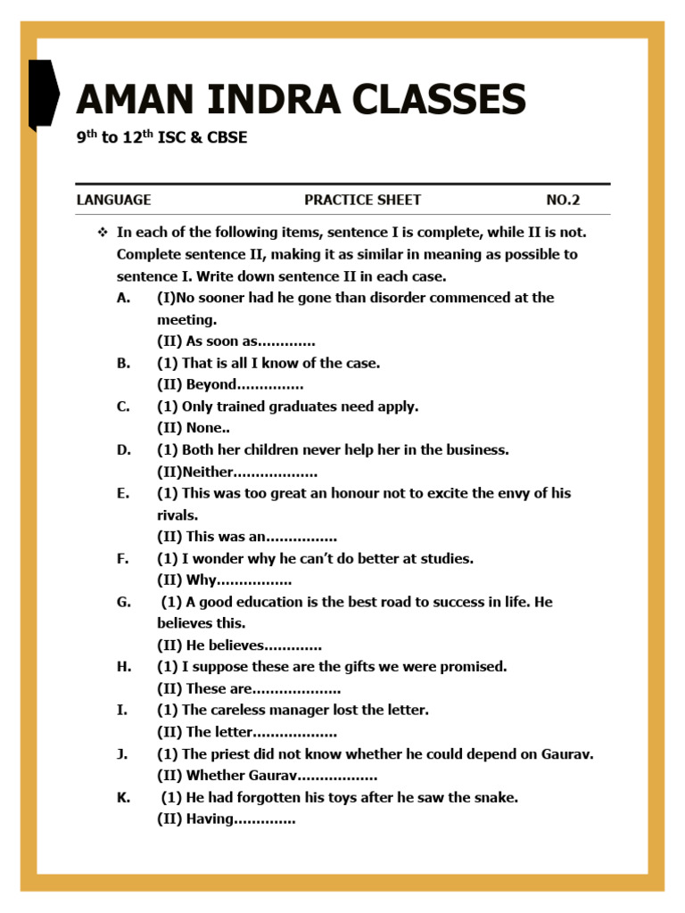 Aic English Practice Sheet - 2 | PDF