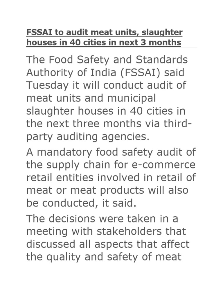 FSSAI to audit meat units | PDF | Meat | Food Safety