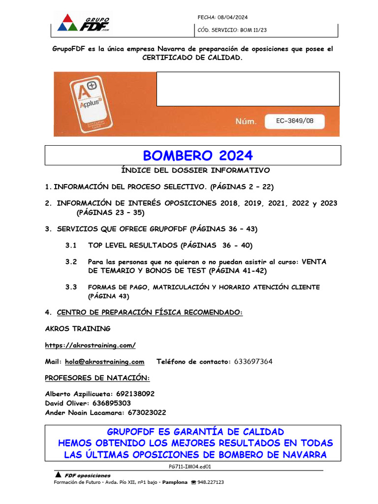 Dossier Informativo BOMBERO 2024 Después de La Convocatoria | PDF ...