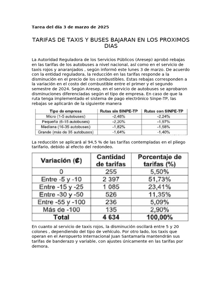 Tarifas de taxis y buses bajarán en Costa Rica | PDF