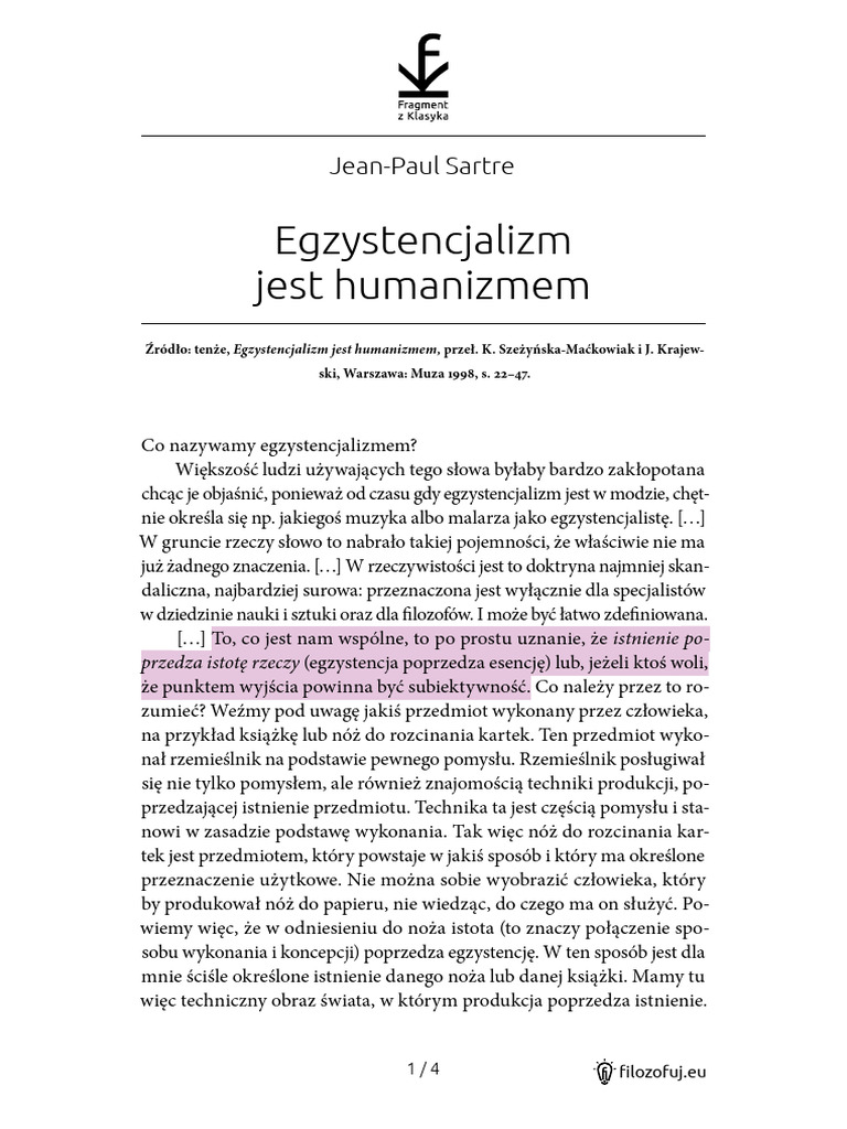 Jean Paul Sartre Egzystencjalizm - Jest - Humanizmem | PDF
