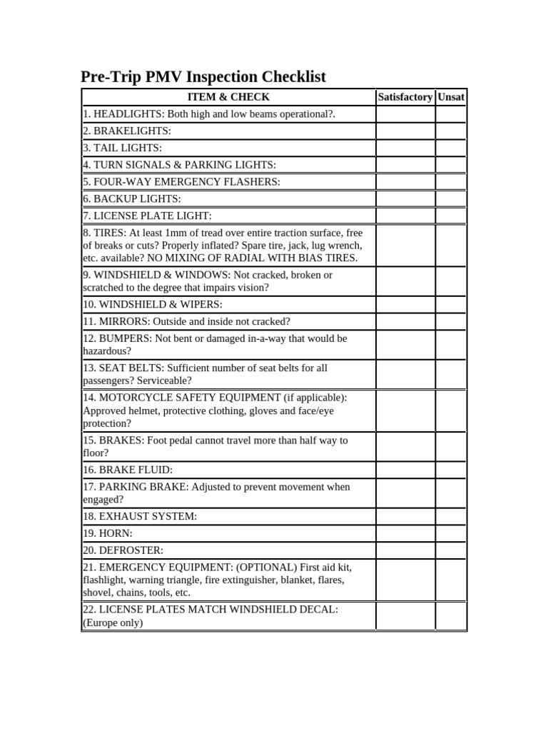 Pre-Trip PMV Inspection Checklist | PDF