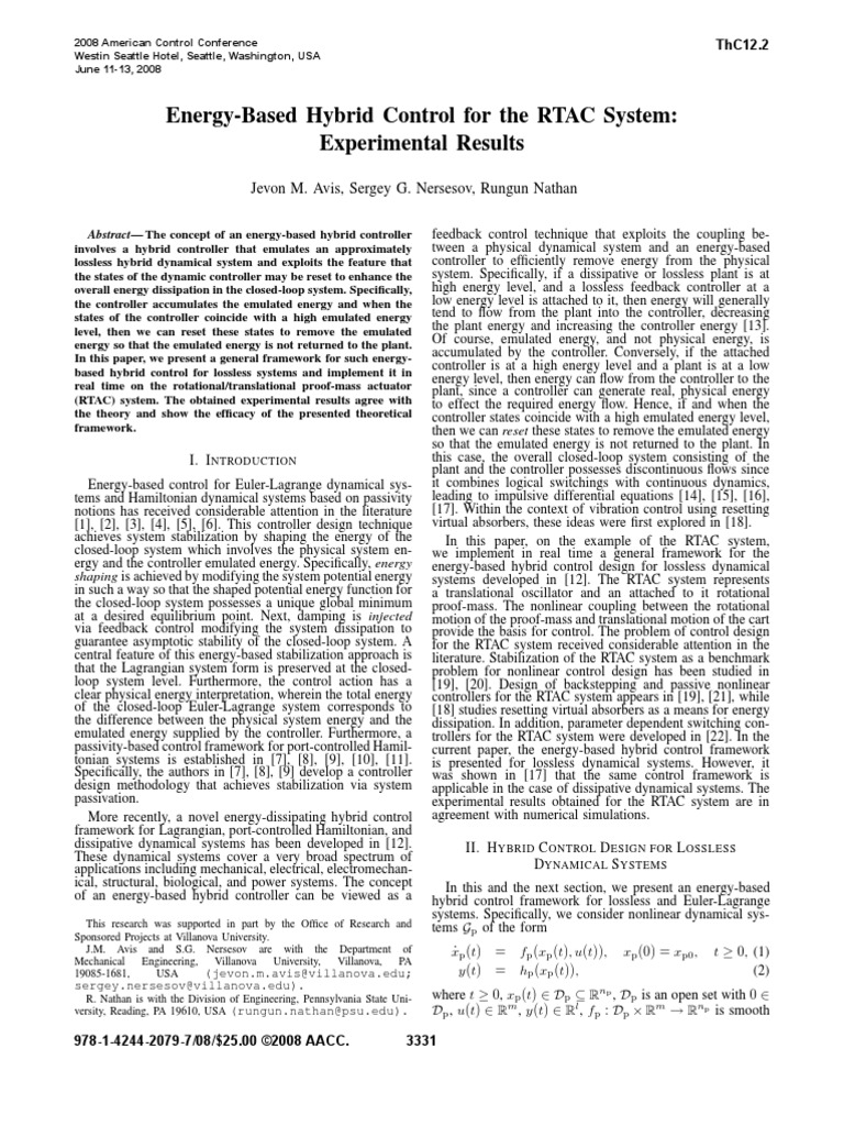 Energy-Based Hybrid Control For The RTAC System: Experimental Results ...
