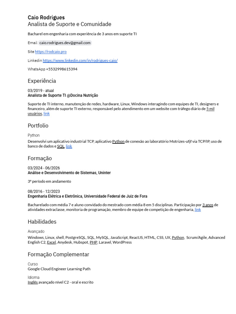 Curriculo Caio Rodrigues Suporte | PDF