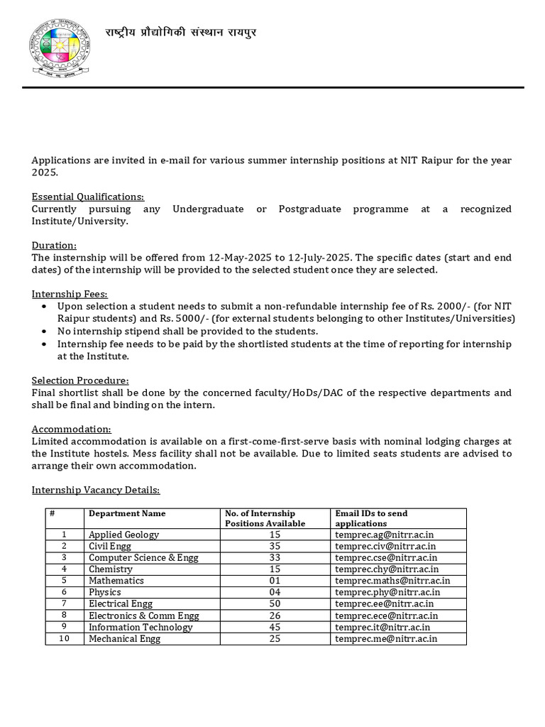NIT Raipur Summer Internship 2025 | PDF | Internship | Job Hunting