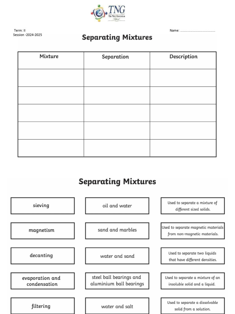 Separating Mixtures Matching Worksheet - Ver - 2 | PDF