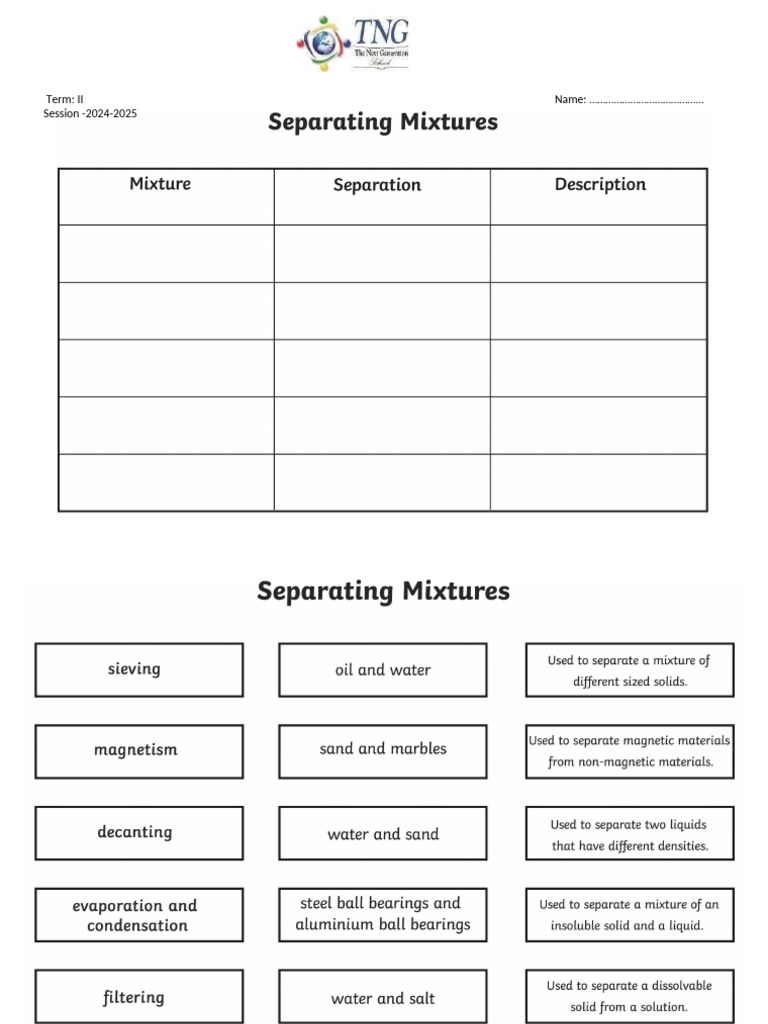 Separating Mixtures Matching Worksheet - Ver - 2 | PDF
