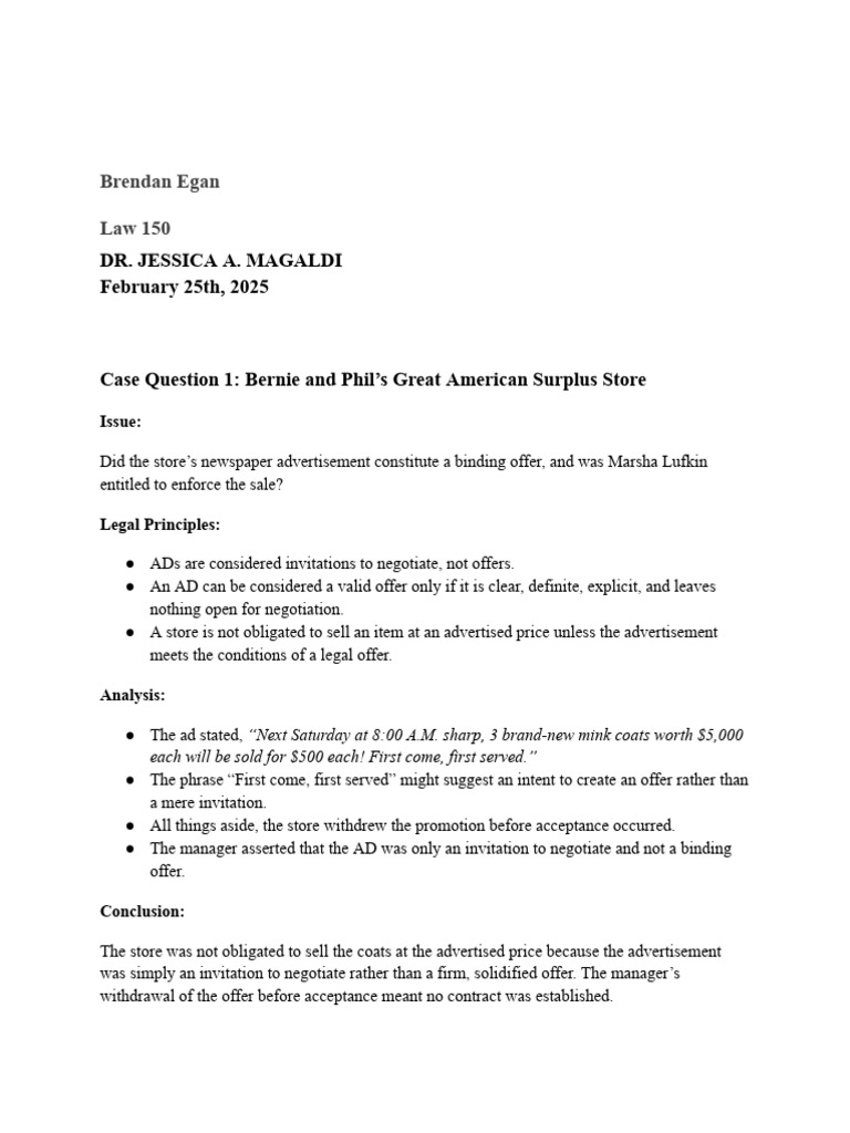 Agreement Case Questions | PDF | Offer And Acceptance | Reasonable Person