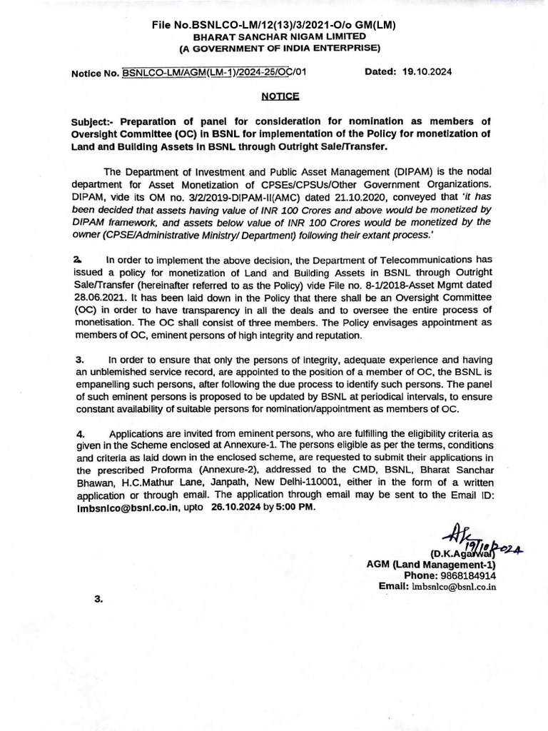BSNL Oversight Committee Nomination Notice | PDF