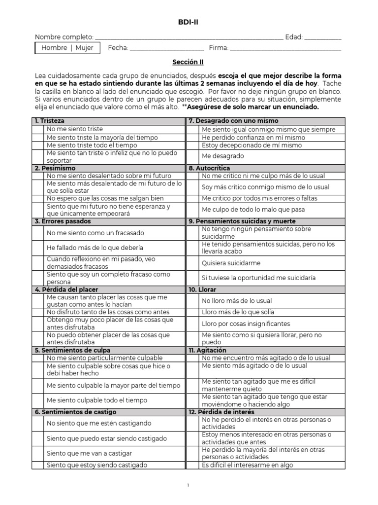 Inventario de Depresión BDI-II: Evaluación | PDF | Trastorno depresivo ...