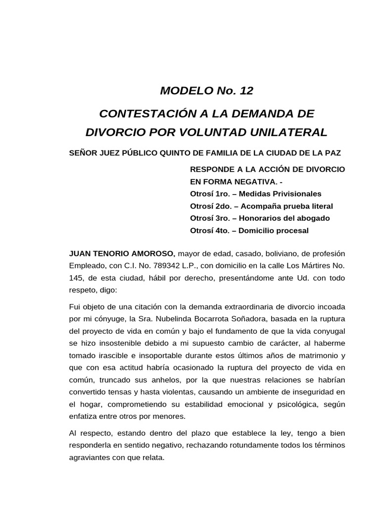 MODELO No. 12 CONTESTACIÓN A LA DEMANDA DE DIVORCIO POR VOLUNTAD ...