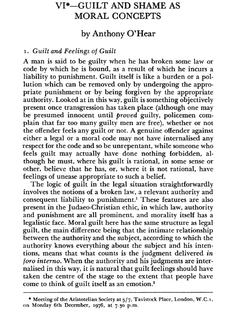 Guilt and Shame As Moral Concepts - A. O'Hear | PDF
