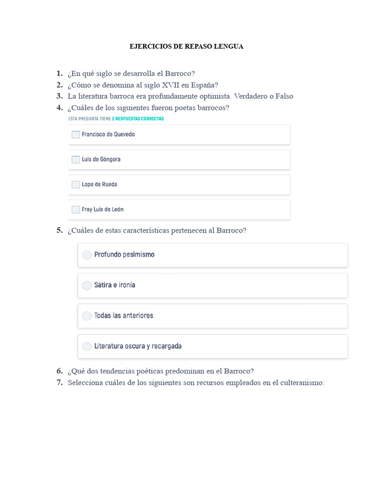 Ejercicios de Repaso de Lengua Barroca | PDF