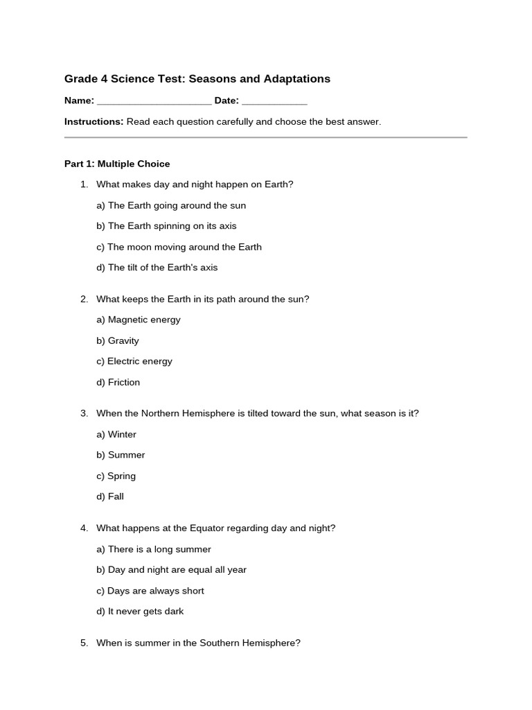 Grade 4 Science Test - Seasons and Adaptations | PDF | Earth
