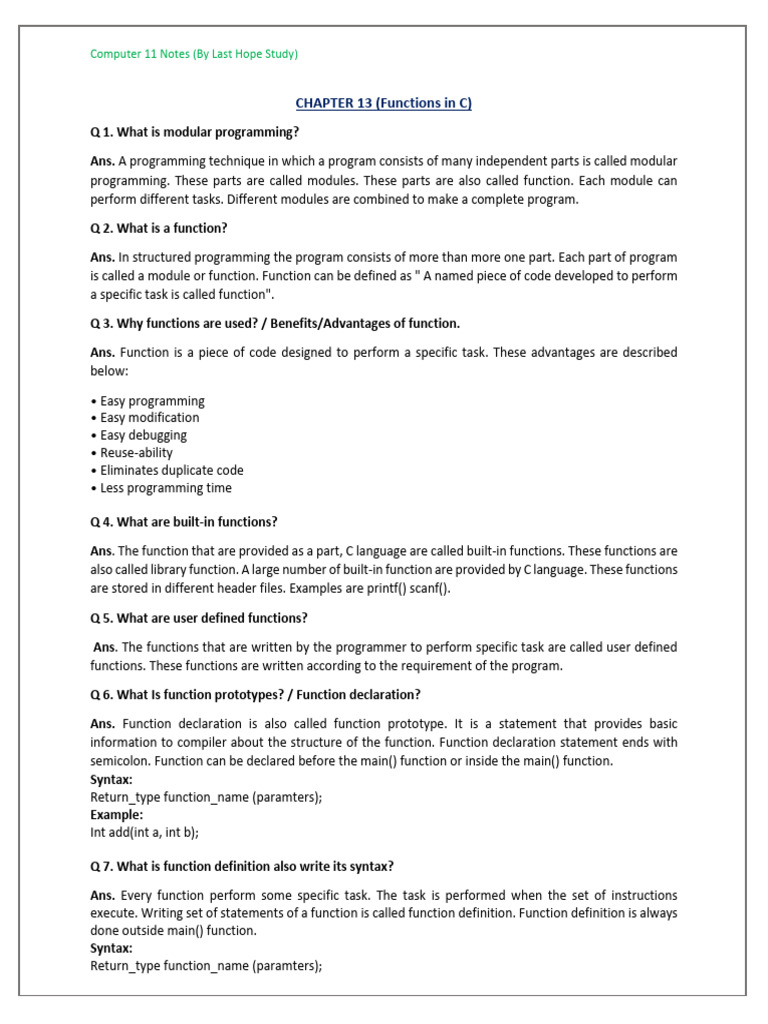 2nd Computer Chapter 13 Function In C Notes Pdf Parameter Computer Programming Variable