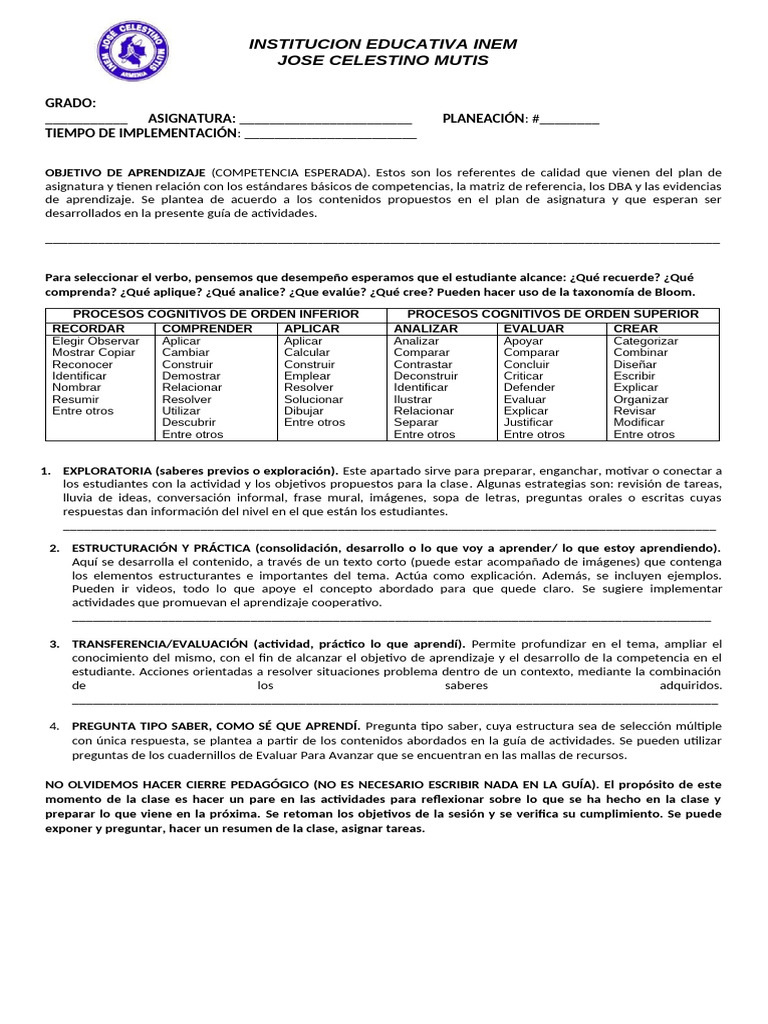 Estructura planeación de clase | PDF | Aprendizaje | Comunicación humana