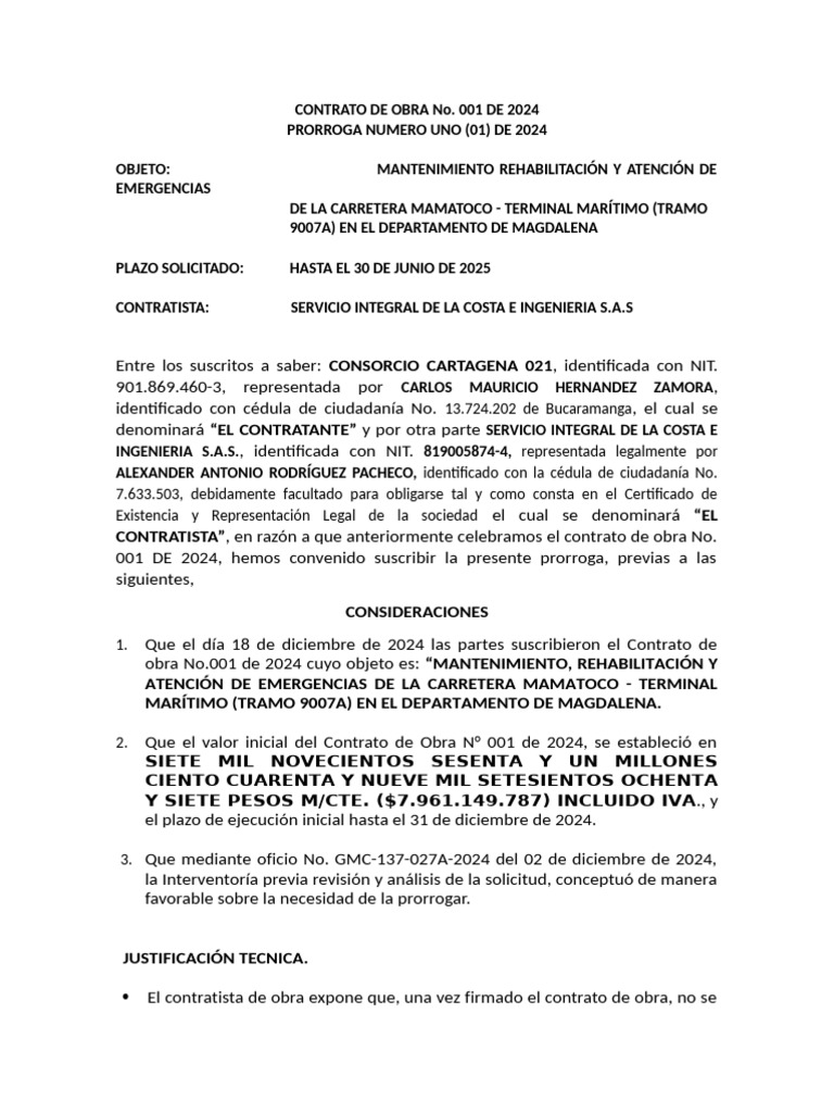 PRORROGA #1 CONTRATO DE OBRA No. 001 DE 2024. | PDF
