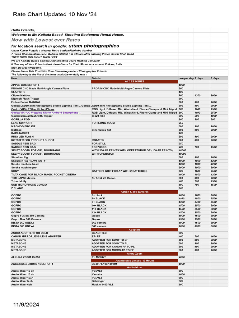 Kolkata Camera Rental Rate Chart | PDF | Digital Single Lens Reflex ...