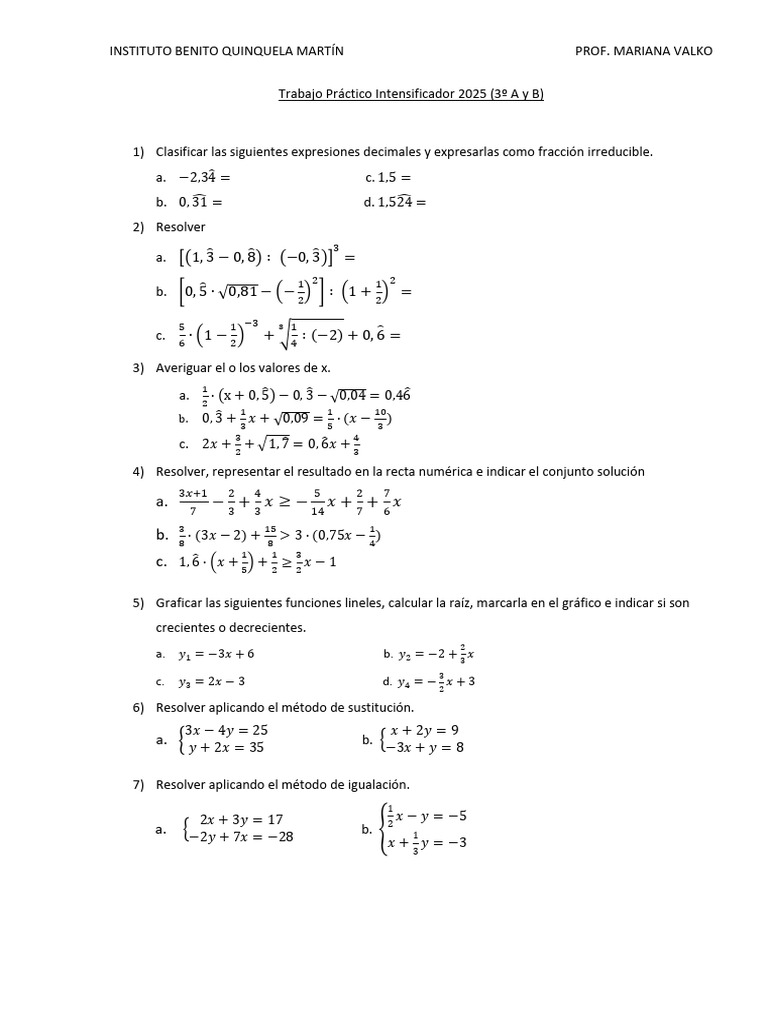 3° Matemática - Trabajo Práctico - Intensificación 2024-2025 | PDF | Matemáticas | Álgebra