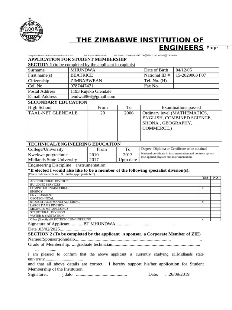 ZIE Student Membership Application Form | PDF