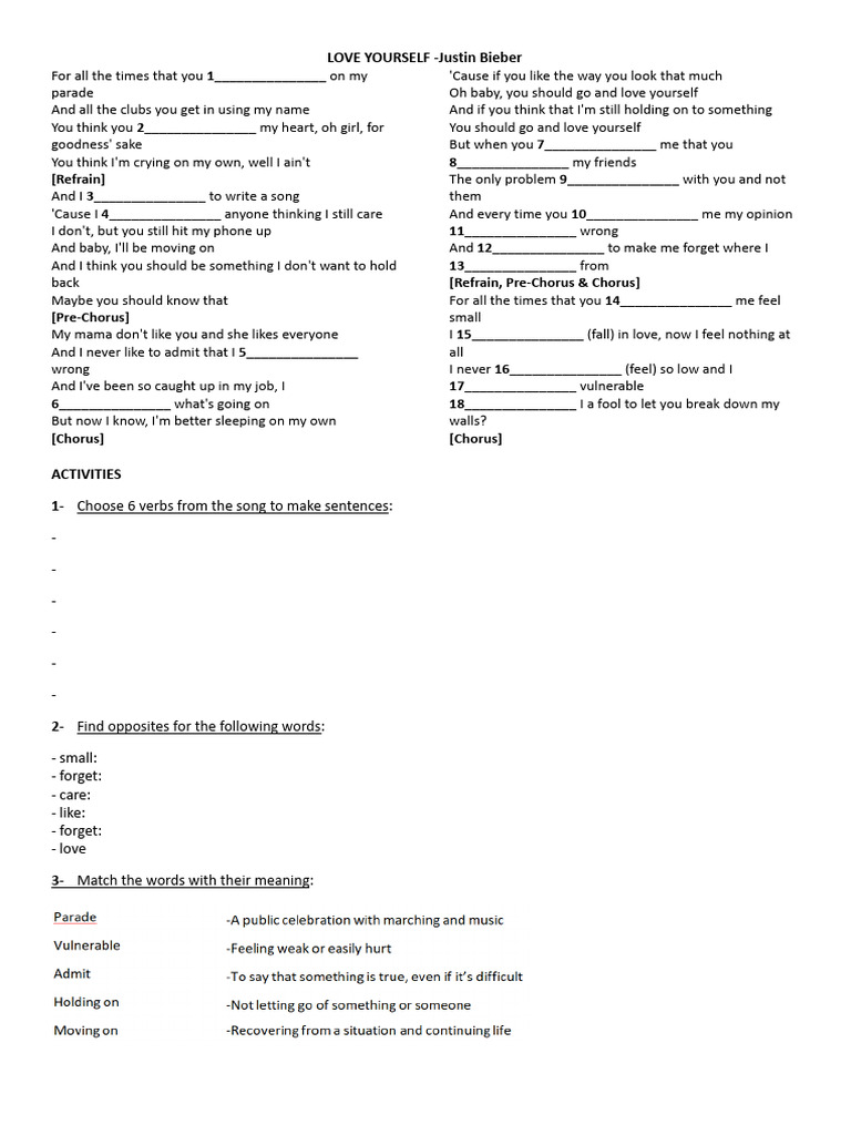 "Love Yourself Lyrics Analysis and Activities" | PDF