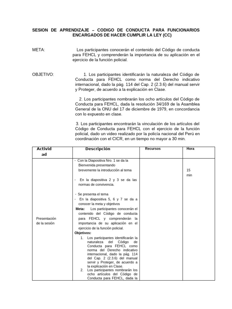 Sesion de Aprendizaje - Codigo de Conducta para Funcionarios Encargados de Hacer Cumplir La Ley ...