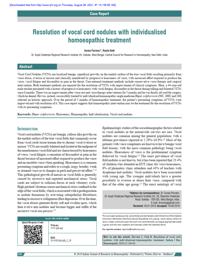 Resolution of Vocal Cord Nodules With Individualised Homoeopathic | PDF ...