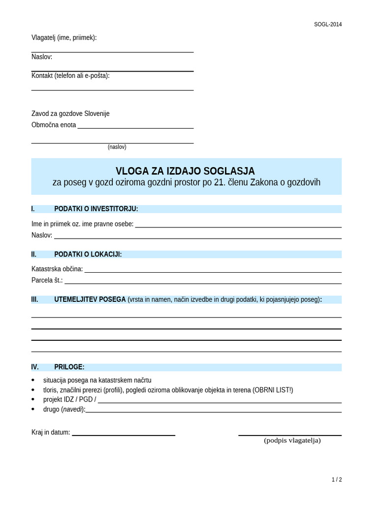 Vloga Za Izdajo Soglasja | PDF
