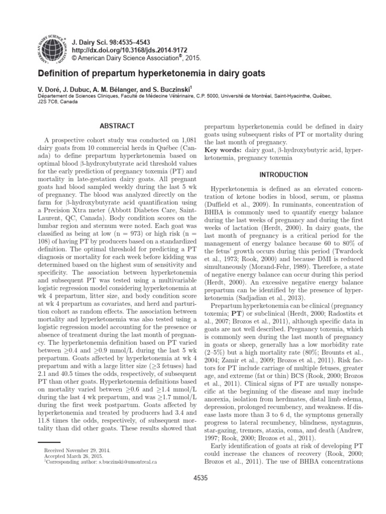 Doré Et Al - 2015 - Definition of Prepartum Hyperketonemia in Dairy Goats | PDF | Ketosis